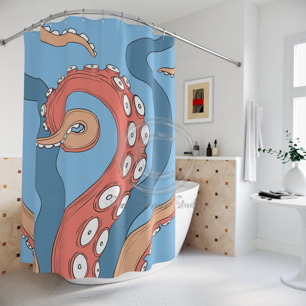 Blue Red Octopus Ocean Modern Funky Bathroom Decor, Underwater Sea Cre – Seven Sirens Studios