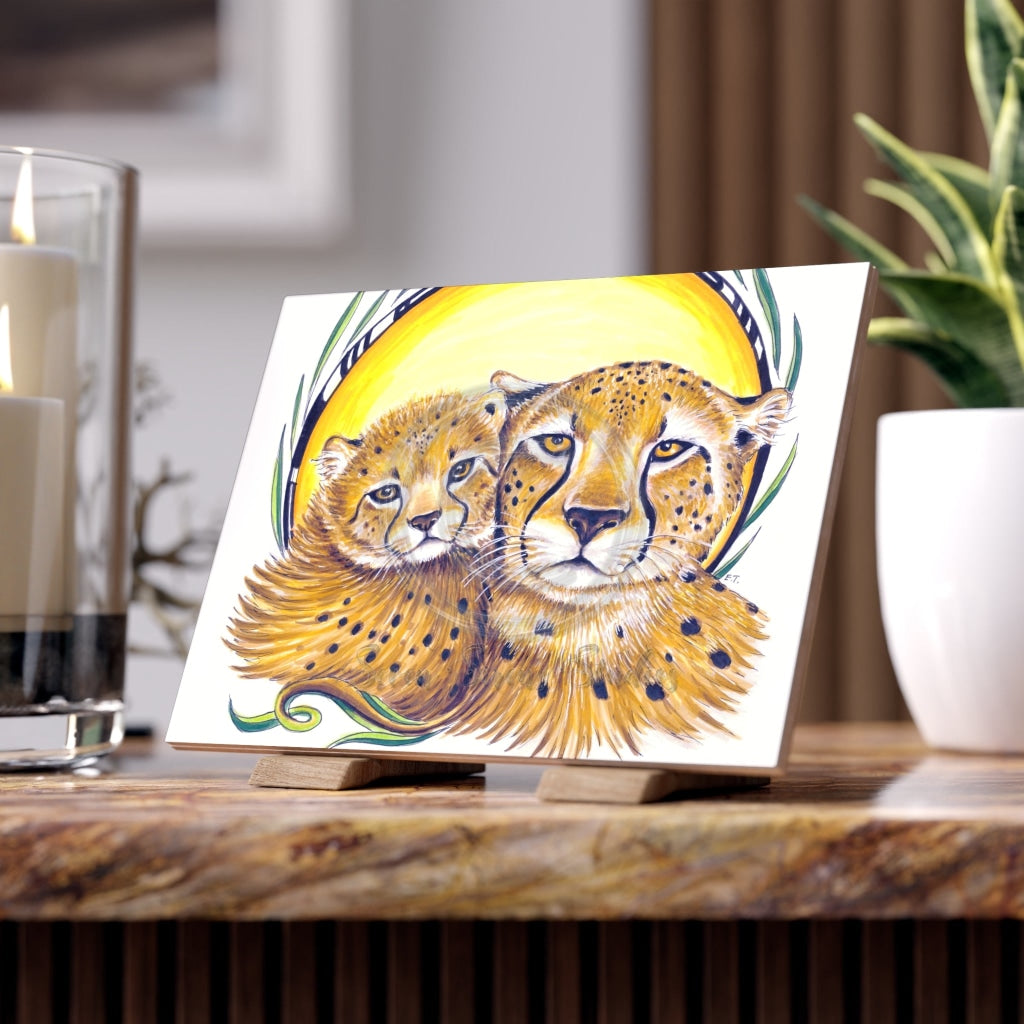 Cheetah Mom and the Cub Ink Art Ceramic Photo Tile – Seven Sirens Studios