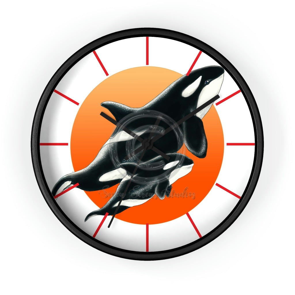 Orca Whale Family Red Orange Sun Circle Ink Art Wall clock – Seven ...