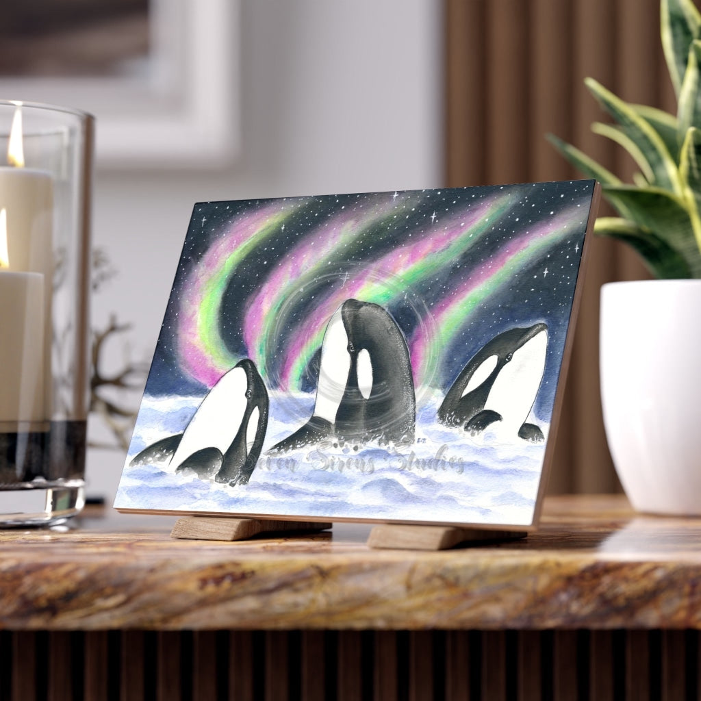 Orca Whale Family starry Night Northern Lights Watercolor Art Ceramic ...