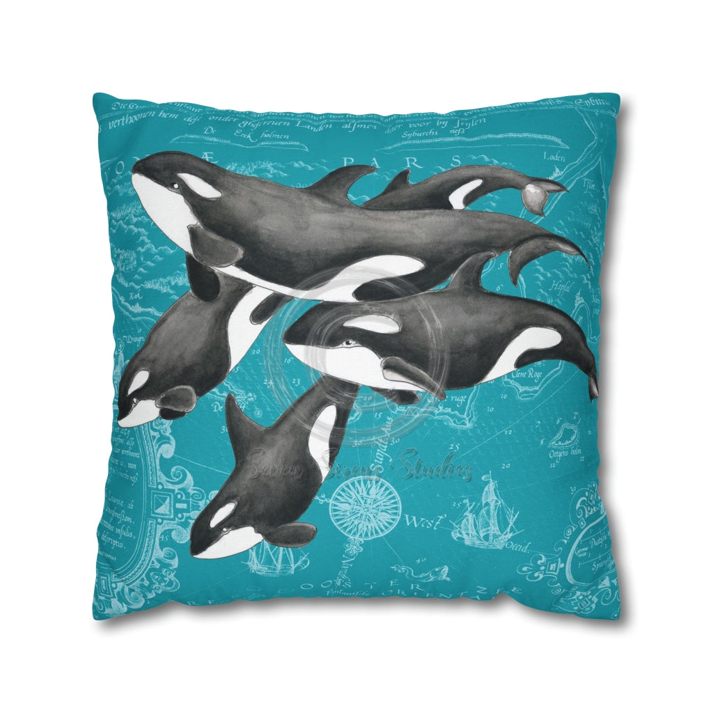 Orca Whales Pod Family Vintage Map Teal Watercolor Art Spun Polyester ...