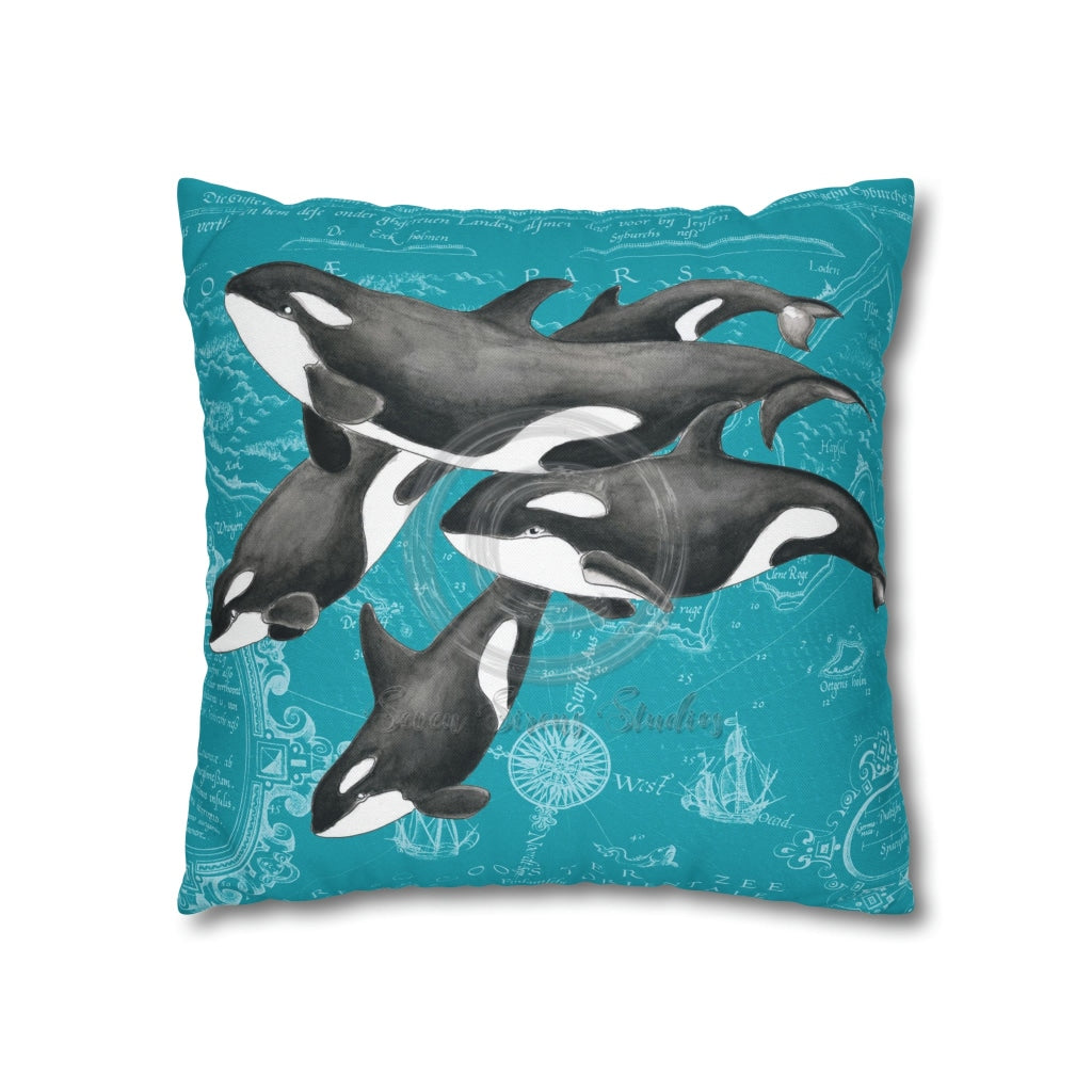 Orca Whales Pod Family Vintage Map Teal Watercolor Art Spun Polyester ...