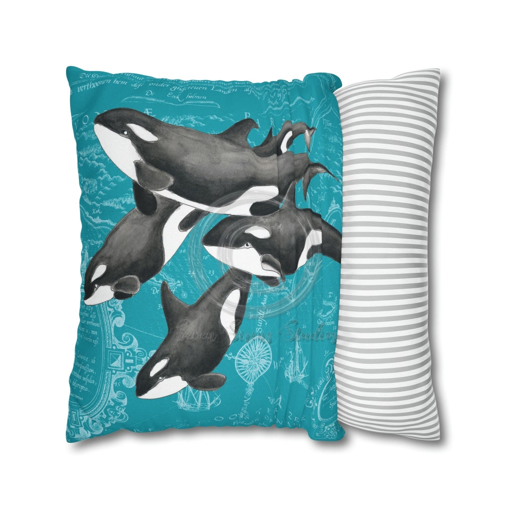 Orca Whales Pod Family Vintage Map Teal Watercolor Art Spun Polyester ...